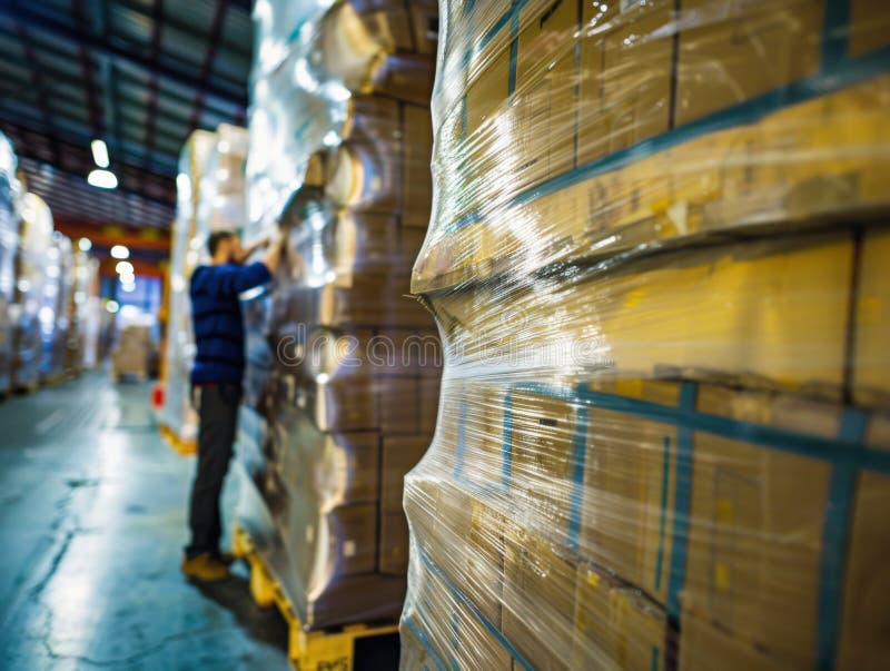 Warehouse Worker Organizing Wrapped Pallet in Storage Facility Stock ...