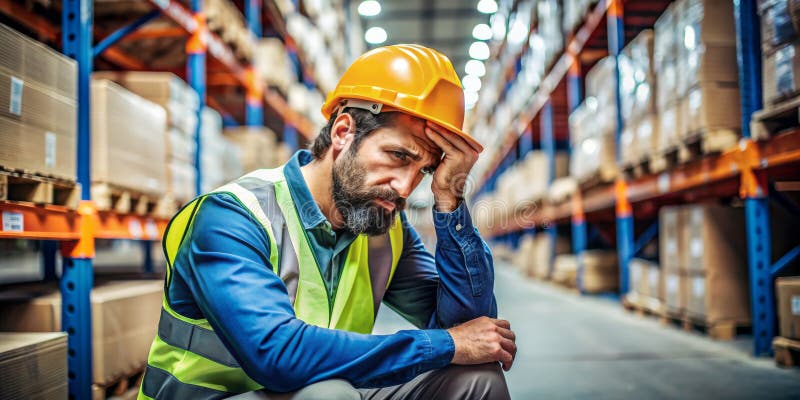 Warehouse Worker Overwhelmed by Stress, a Man in a Safety Vest and Hard ...