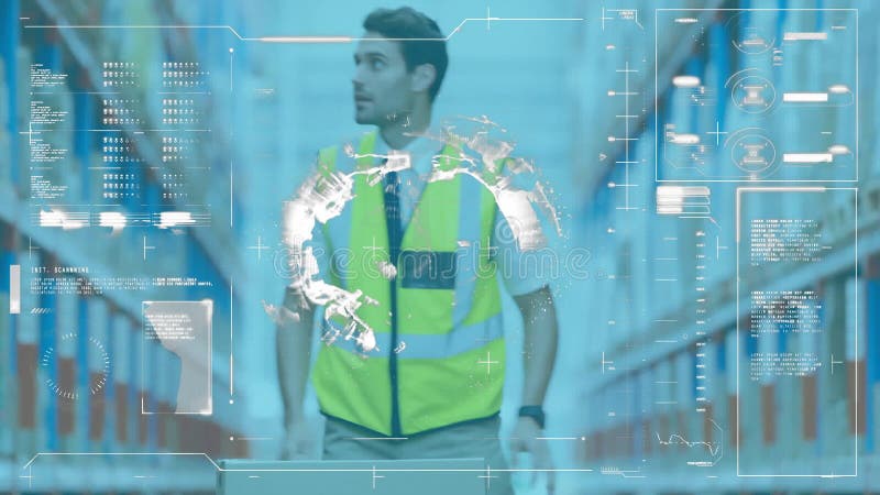 Warehouse Worker Picking Up Scanner, Scanning Labels among Racks ...