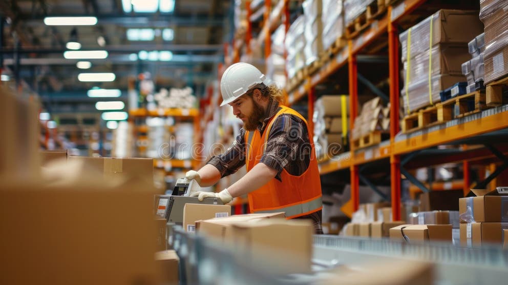 A Warehouse Worker Preparing Packages for Shipment Stock Illustration ...