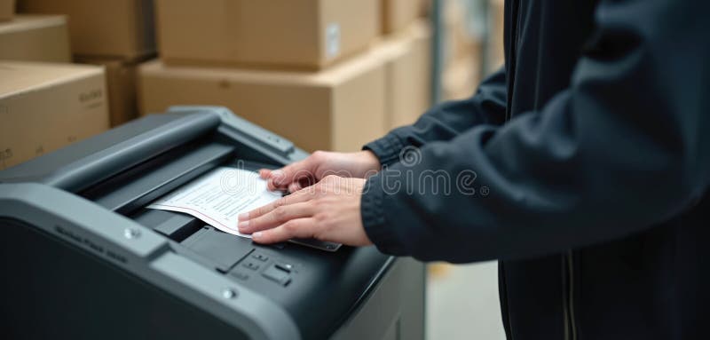 Warehouse Worker Printing Labels on Boxes. Process of Logistic ...