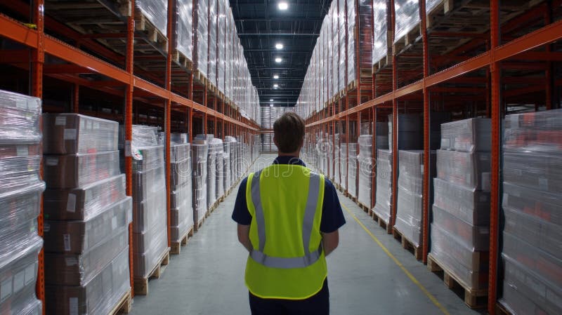 Warehouse Worker in Reflective Vest Checking Inventory in Storage Stock ...