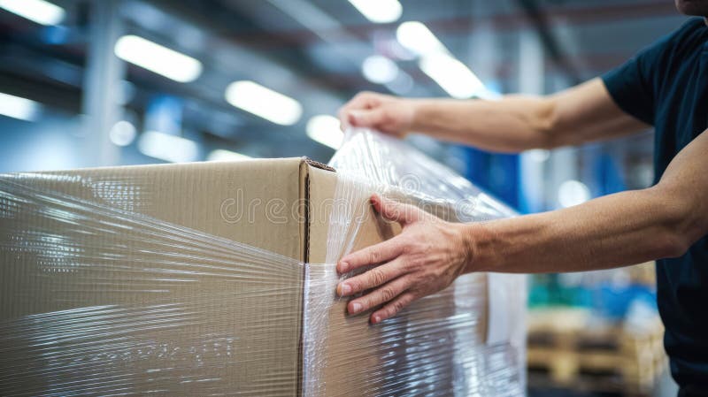 Warehouse Worker S Hands Wrapping a Large Cardboard Package with ...