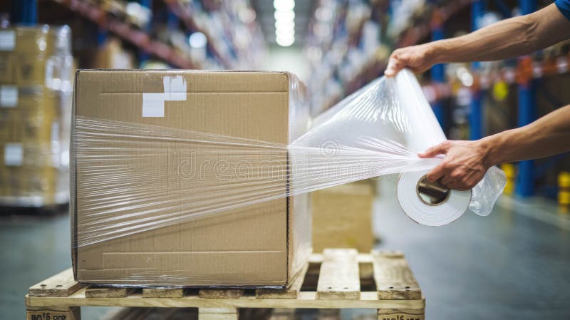 Warehouse Worker S Hands Wrapping a Large Cardboard Package with ...