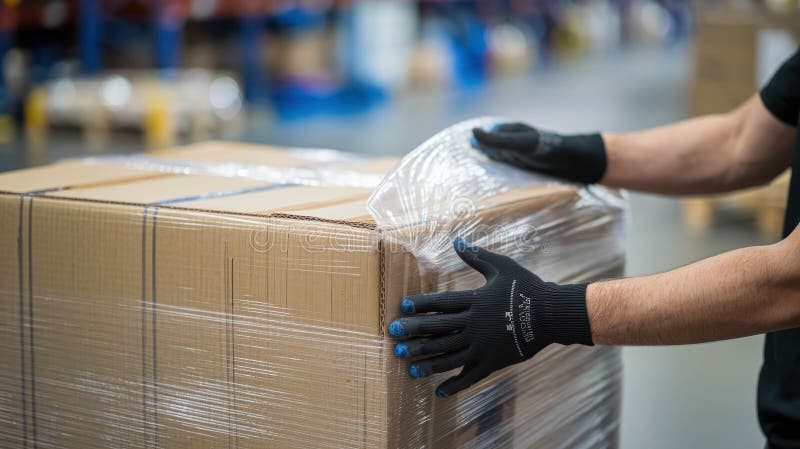 Warehouse Worker S Hands Wrapping a Large Cardboard Package with ...