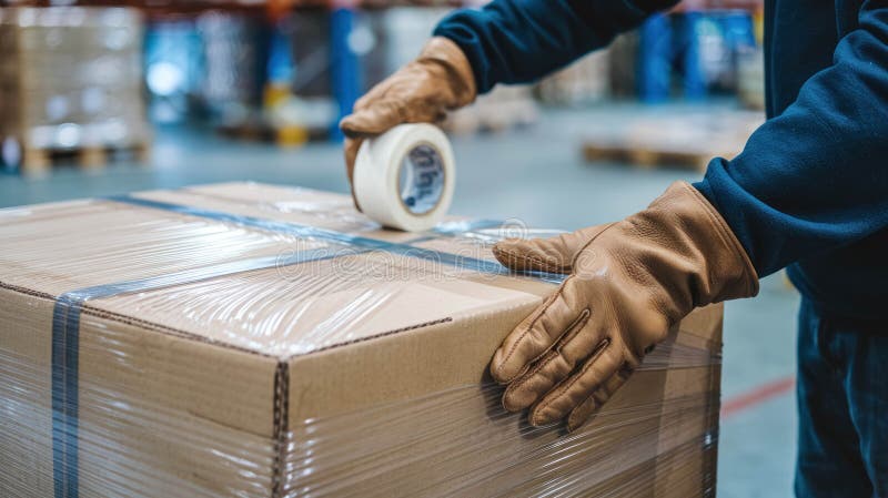 Warehouse Worker S Hands Wrapping a Large Cardboard Package with ...