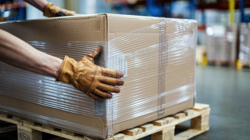 Warehouse Worker S Hands Wrapping a Large Cardboard Package with ...