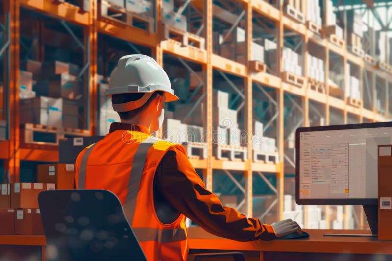 Warehouse Worker in Safety Gear Operates Computer while Managing ...