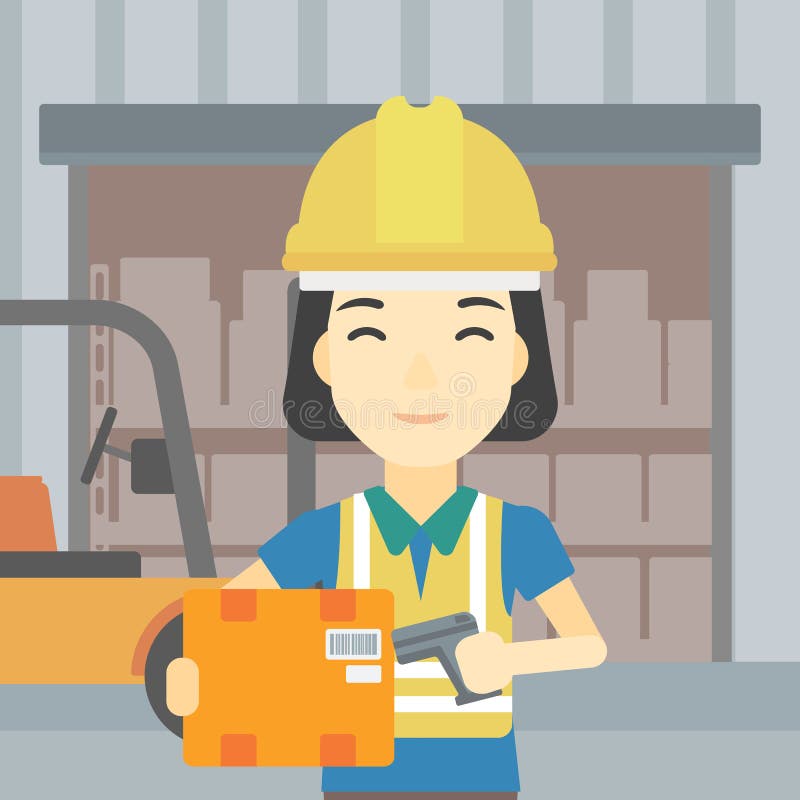 Warehouse Worker Scanning Barcode on Box. Stock Vector - Illustration ...