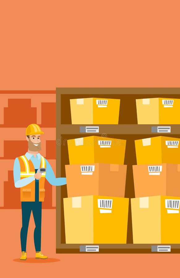 Warehouse Worker Scanning Barcode on Box. Stock Vector - Illustration ...