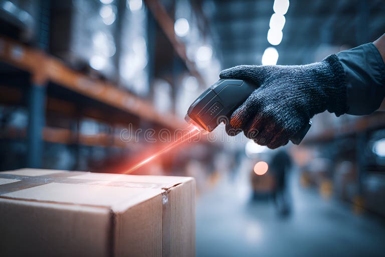 Warehouse Worker Scanning Barcode on Cardboard Box Using Scanner Device ...