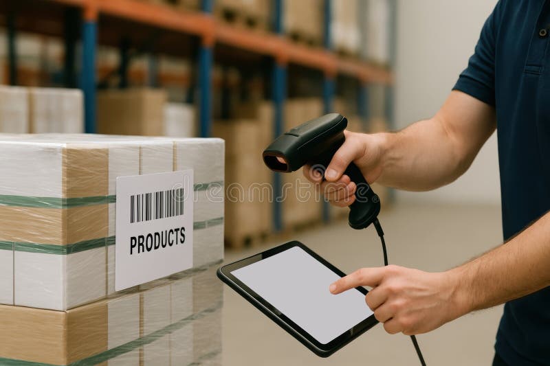 Warehouse Worker Scanning Barcode on Shipping Box Using Tablet for ...