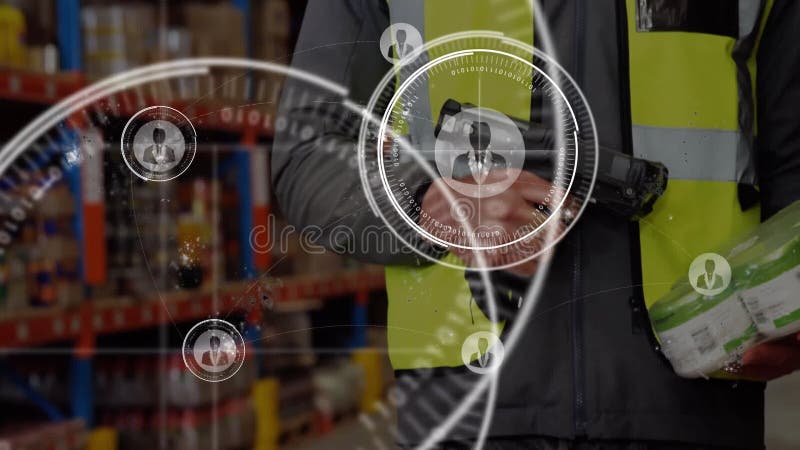 Warehouse Worker Scanning Barcode on Six-pack and Showing Animated HUD ...