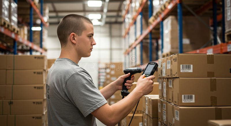 Warehouse Worker Scanning Barcodes Stock Illustration - Illustration of ...