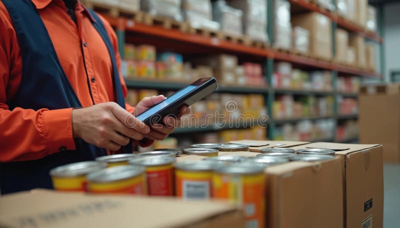 Warehouse Worker Scans Barcodes Canned Goods Boxes with Handheld ...