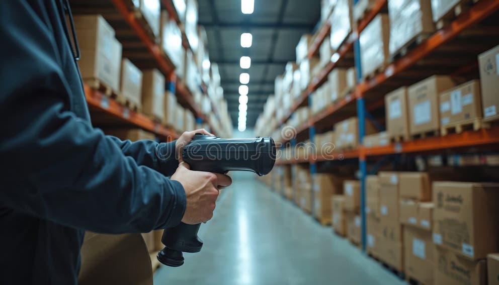Warehouse Worker Scans Items on Shelves Using Handheld Device. Focus on ...