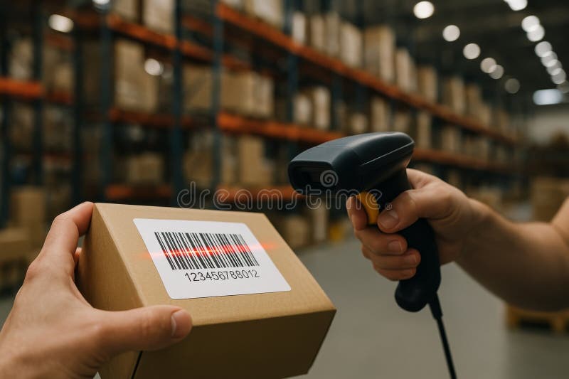 Warehouse Worker Scans Package Barcode in Storage Facility for ...