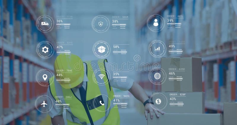 Warehouse Worker Stacking Boxes with Logistics Data Processing ...