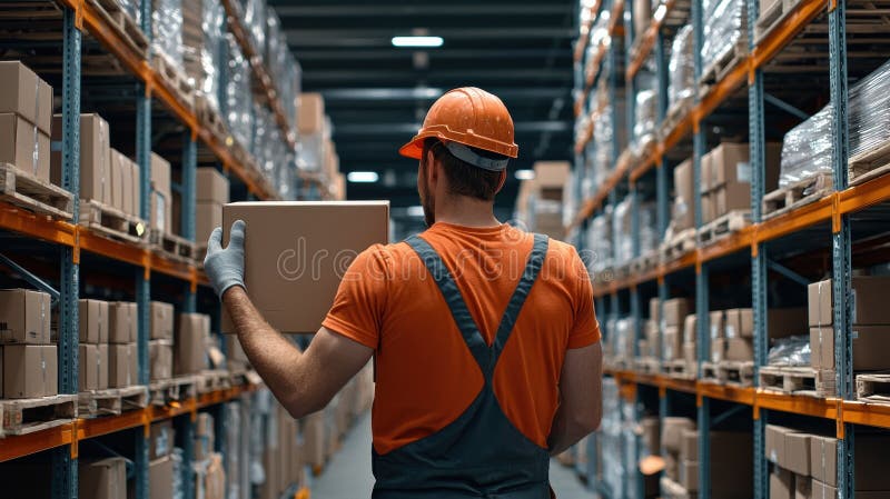Warehouse Worker Stacking Boxes on Shelves in a Cool Indoor Light ...
