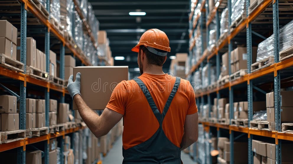 Warehouse Worker Stacking Boxes on Shelves in a Cool Indoor Light ...