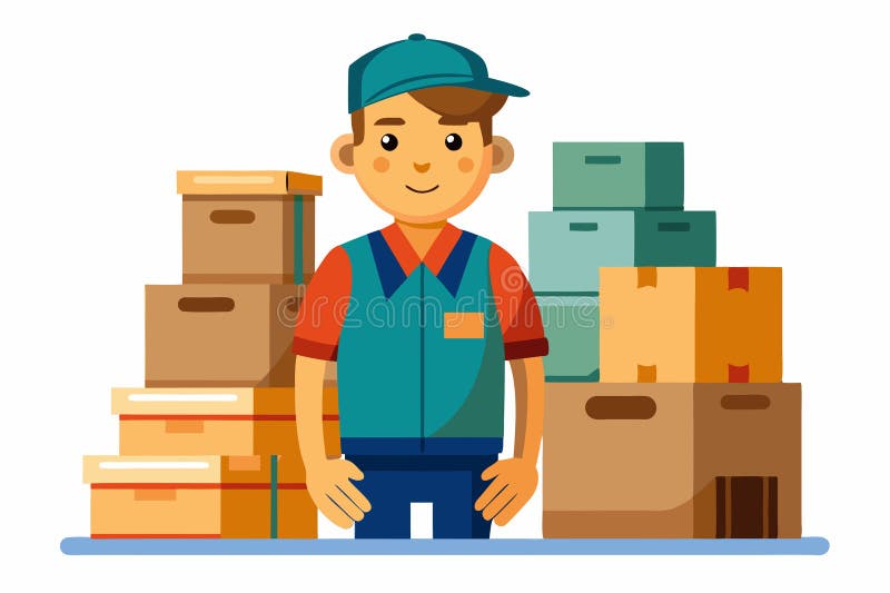 A Warehouse Worker Stands Confidently with Several Boxes Stacked Around ...