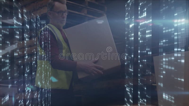 Warehouse Worker Stepping between Pallet Racks, Lifting Cardboard Box ...