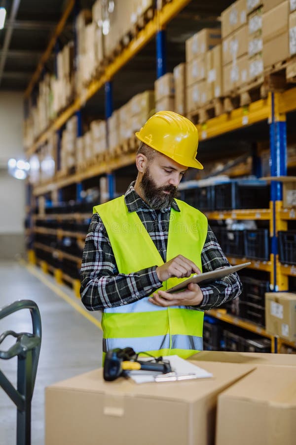 Warehouse Worker Stocking Goods in a Warehouse. Stock Image - Image of ...