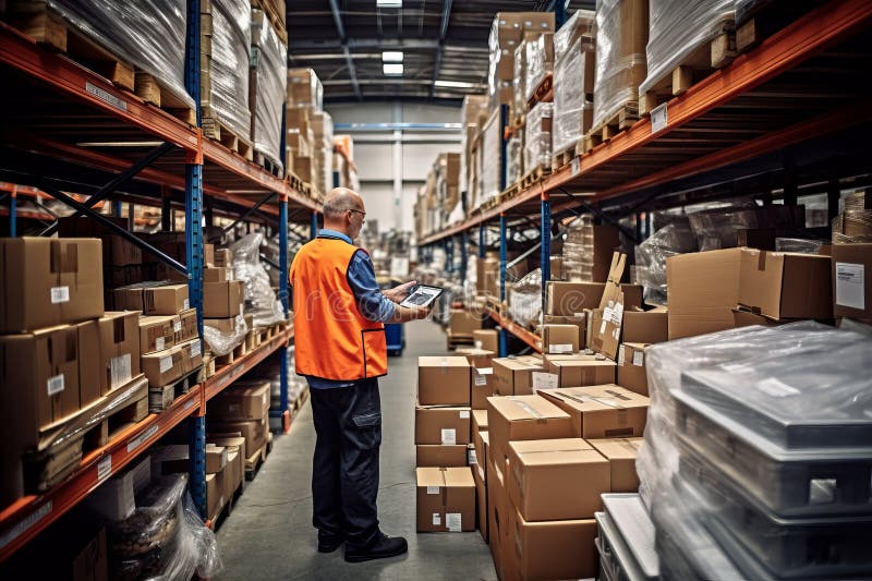 Warehouse Worker with Tablet Inventorying Stock in Industrial Storage ...