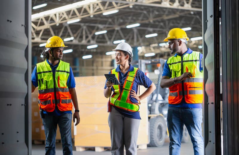 Warehouse Worker Team Checking Containers Boxes, Foreman Workers Team ...