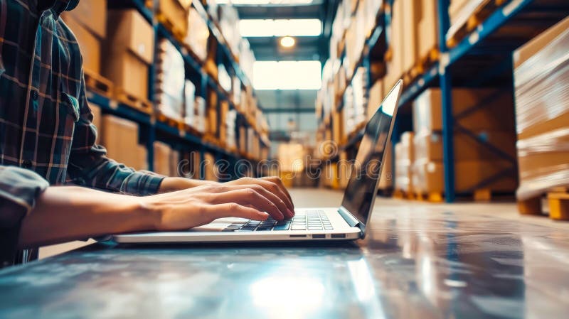A Warehouse Worker Types on a Laptop, Likely Managing Inventory or ...
