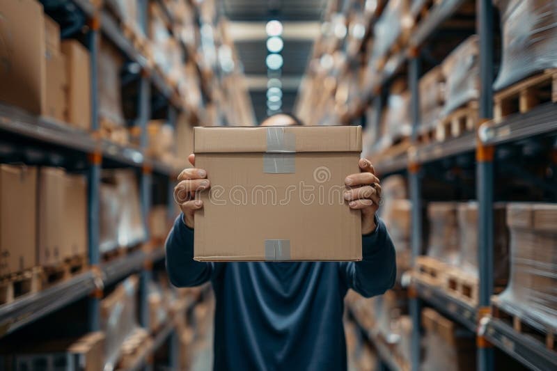 A Warehouse Worker in Uniform Holds a Cardboard Box in His Hands Stock ...