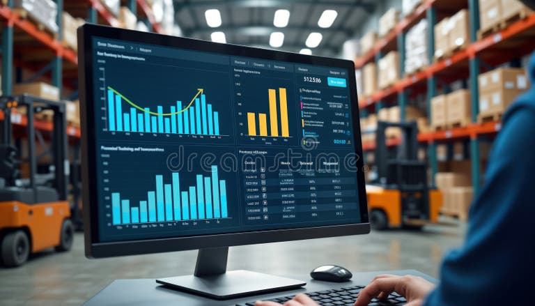 Warehouse Worker Uses Advanced Analytics Software on Computer Screen. Data Visualizations Track ...