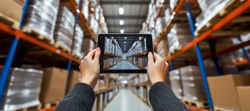 Warehouse Worker Uses Tablet for Digital Inventory Management in ...