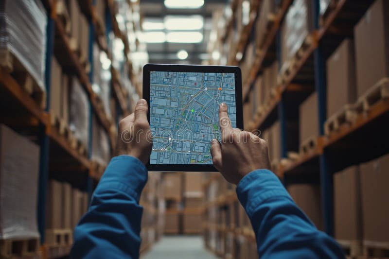 Worker Uses Tablet Map Navigating Warehouse Aisles Efficiently Stock ...