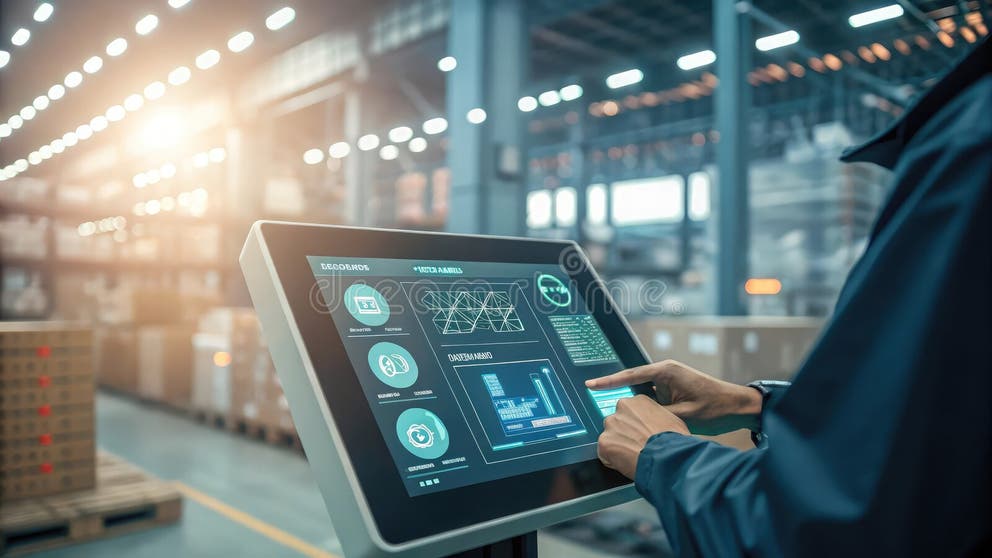 Warehouse Worker Using Advanced Inventory Management System Stock Illustration - Illustration of ...