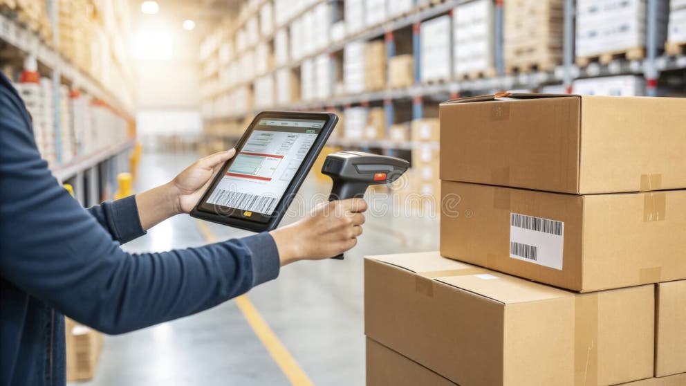 Warehouse Worker Scanning Inventory with Tablet, Tracking Cargo in ...