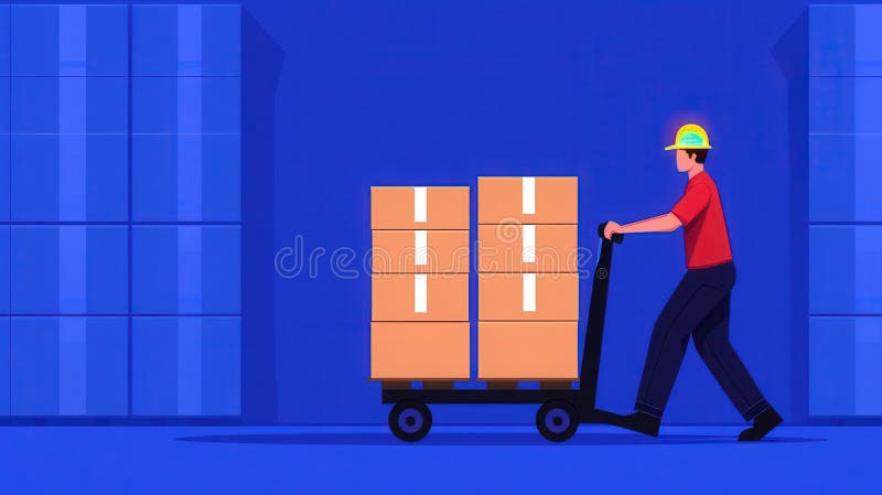 Warehouse Worker Using a Pallet Jack To Transport Stacked Boxes for ...