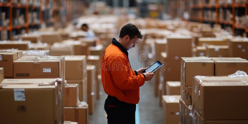 A Warehouse Worker Using a Tablet in a Busy Distribution Center To ...