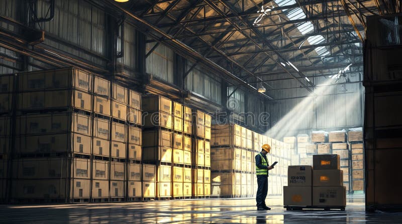 Warehouse Worker Using Tablet Checking Cardboard Boxes on Pallet Stock ...