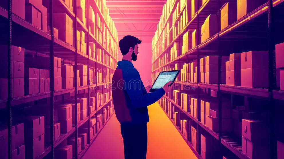 Warehouse Worker Using Tablet Checking Items on Shelves with Boxes ...