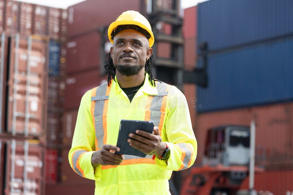 Warehouse Worker Using Tablet at Container Port, Engineer Man Worker ...