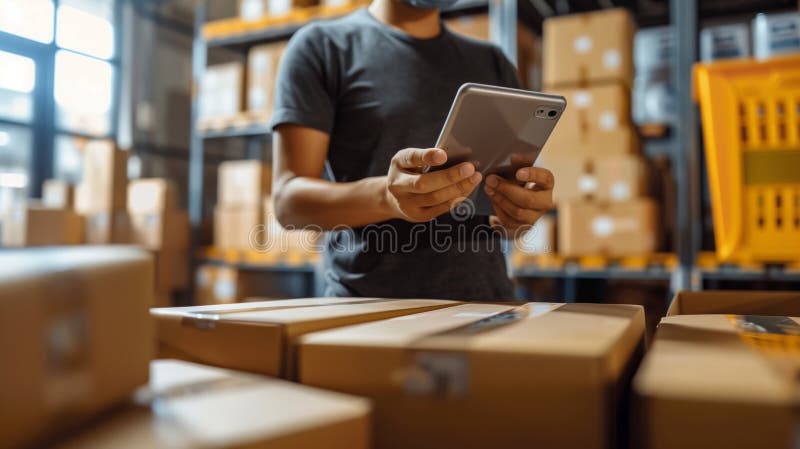 Warehouse Worker Using a Tablet for Inventory Management Stock ...