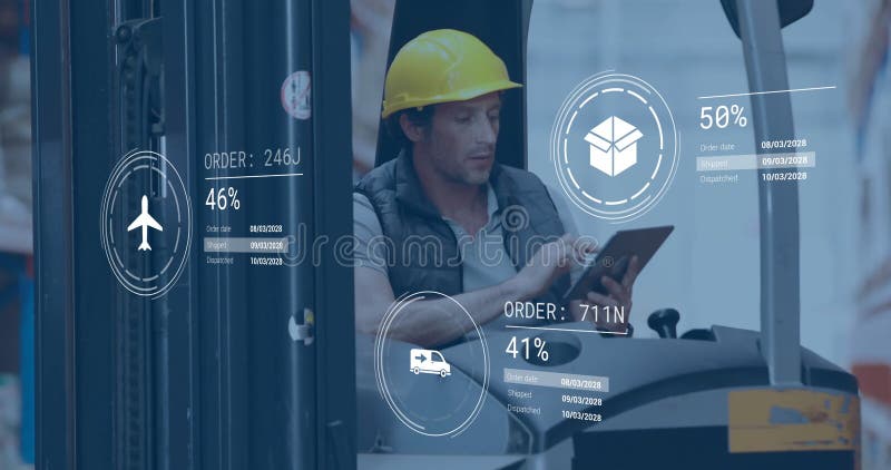 Warehouse Worker Using Tablet, Logistics Data Processing Animation Over ...