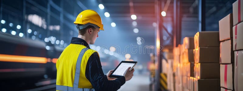 A Warehouse Worker Utilizing a Tablet in an Advanced Logistics ...