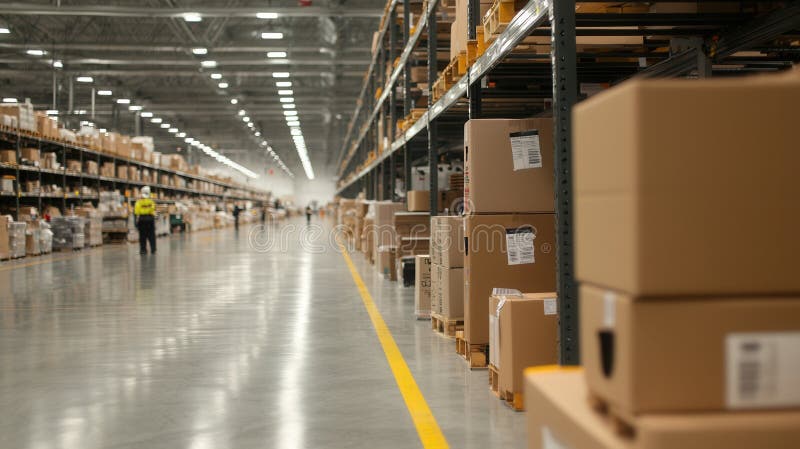 Warehouse Worker Walking through Storage Warehouse with Rows of Shelves ...