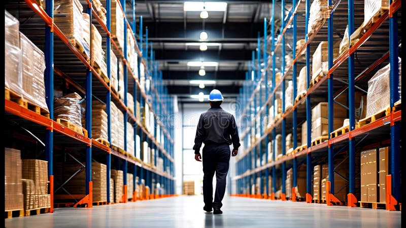 A Warehouse Worker Walks through a Large Warehouse between Warehouse ...