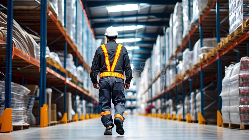 Rear View of a Warehouse Worker or Storekeeper Walking through a ...