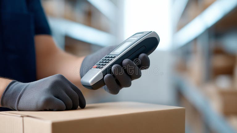 Warehouse Worker Wearing Protective Gloves Scanning Package with ...