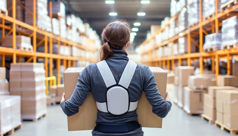 Warehouse Worker Wearing Posture Support Carrying Cardboard Box Stock ...