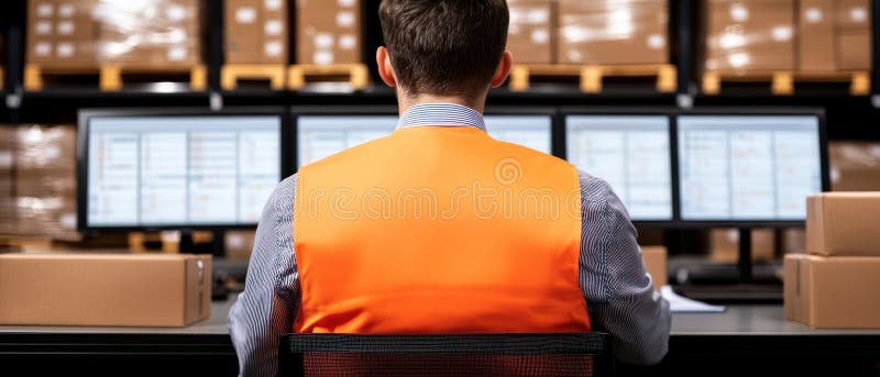 Warehouse Worker Wearing Safety Vest Working on Computer, White ...